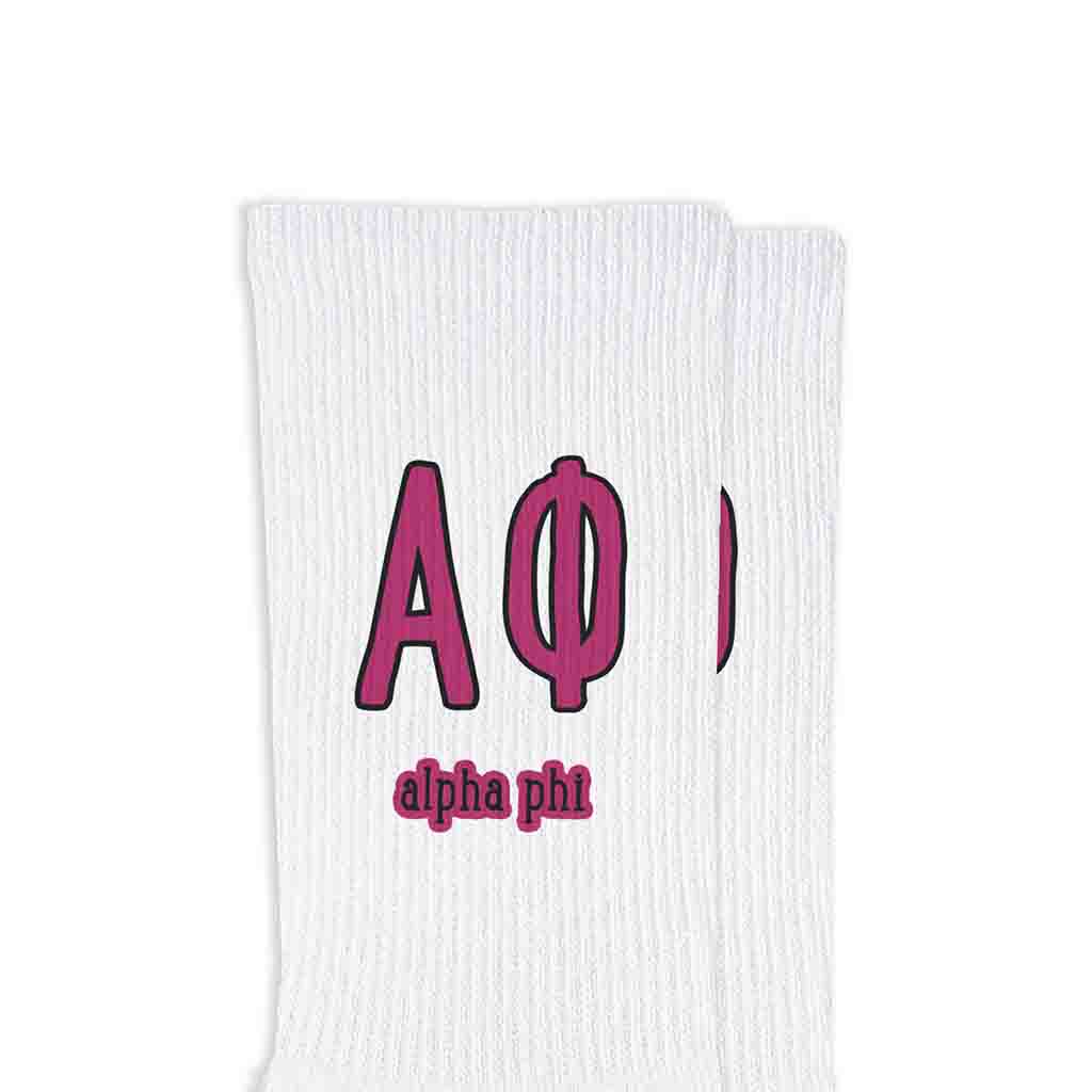 Sorority Name and Greek Letters on White Crew Socks